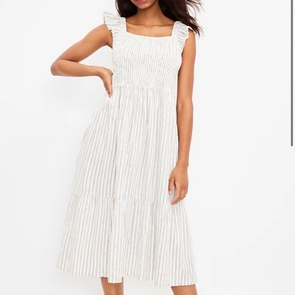 LOFT | Dresses | Nwt Loft Petite Clip Stripe Smocked Ruffle Midi Dress ...